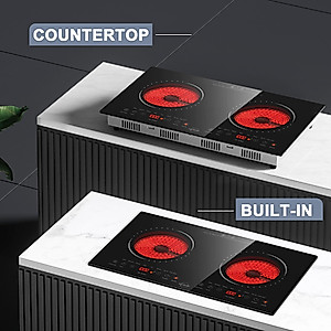 Hobsir 2 Burner Electric Cooktop 110v, Double Electric Stove Top Burner, 24 Inch Countertop and Built-in Electric Stove Top with Plug, LED Touch, Menu, Safety Lock for Kitchen Apartment RV Camp Stove