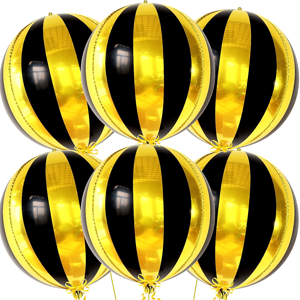 Big, 22 Inch Black and Gold Balloons - Pack of 6, Black and Gold Party Decorations | 360 Degree 4D Sphere Round Gold Black Metallic Balloons for Disco Party Decorations | Hollywood Party Decorations