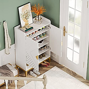 Tribesigns Shoe Cabinet with Doors, 25 Pair Shoe Storage Cabinet with Adjustable Shelves, 6-Tier Modern Wooden Shoe Rack Organizer Cabinet for Entryway, Hallway, Closet, Living Room, White and Gold
