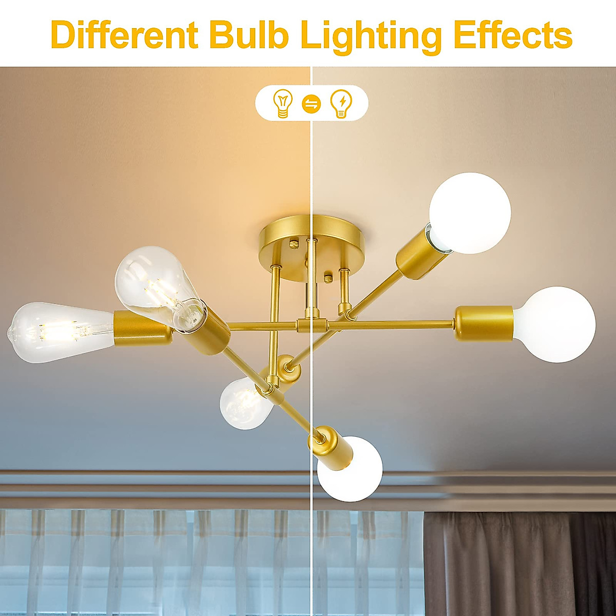 Soilsiu Modern Sputnik Chandelier, 6-Light Mid Century Semi Flush Mount Ceiling Light Fixture for Bedroom, Dining Room, Living Room, Kitchen, Office (Gold, W:16.5",H:8")