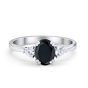 Simulated Black Cubic Zirconia Size-11 Three Stone Wedding Engagement Ring Oval Round Simulated Cubic Zirconia 925 Sterling Silver