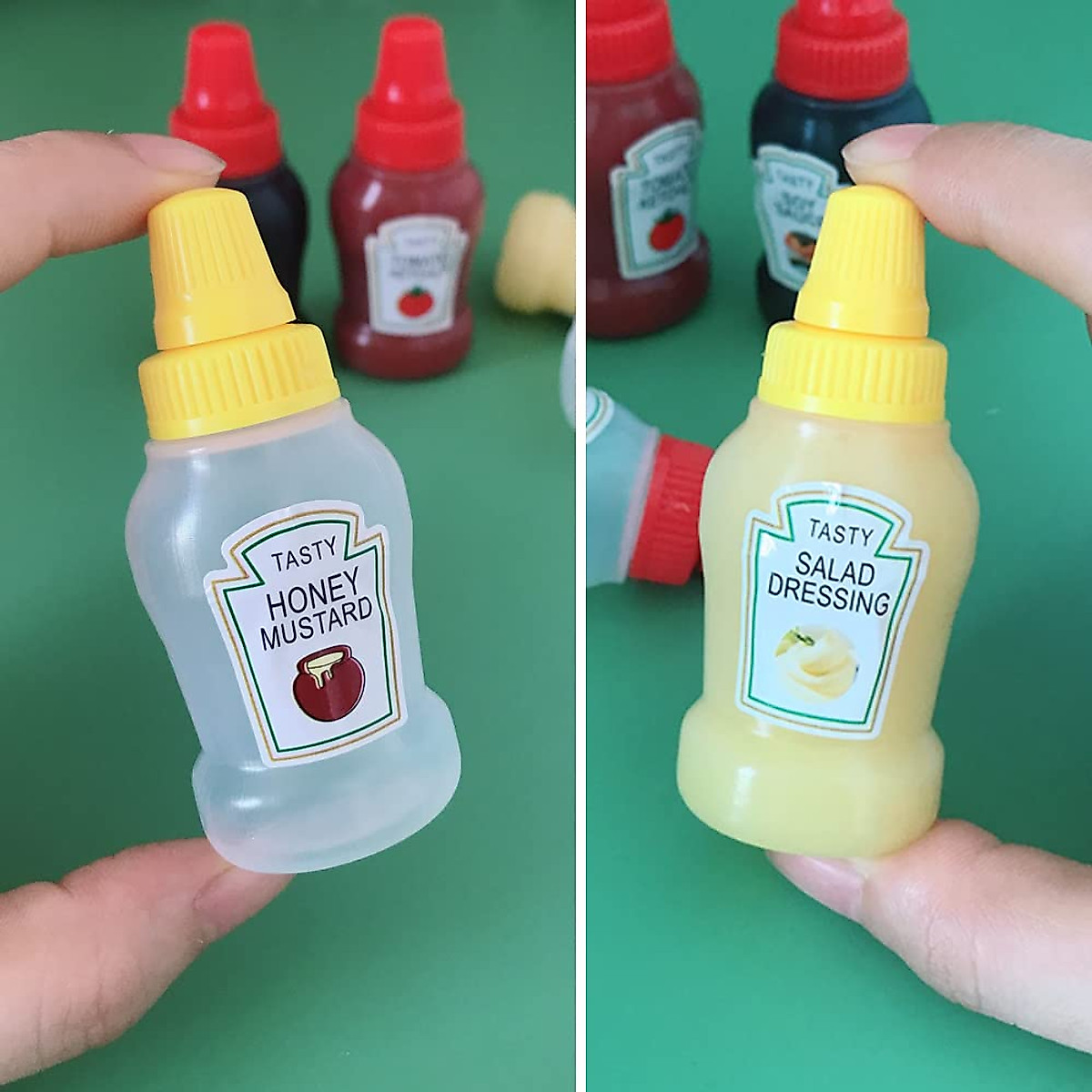 ZAYOIZY 4pcs Mini Condiment Squeeze Bottles 25ml Honey/Ketchup/Soy Sauce/Salad Dressing Dispensers Squeezable Jars Containers Plastic Portable Lunchbox with Sturdy Screw Cap