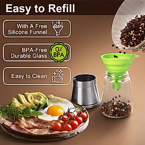 Stainless Steel Salt and Pepper Grinder Set of 2 - Pepper Mill & Salt Mill with Adjustable Coarseness - Glass Spice Shakers - Easy Clean Ceramic Grinders W/Funnel