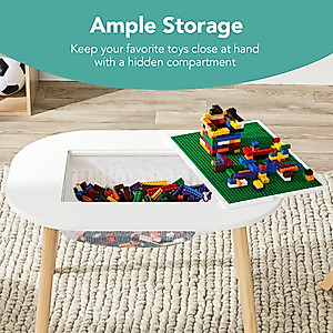 Best Choice Products 2-in-1 Kid's Wooden Building Block Table, Construction Activity Center for Playroom, Child Development w/Reversible Tabletop, 2 Stools, Storage Compartment