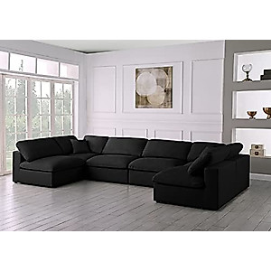 Meridian Furniture Plush Collection Contemporary Down Filled Cloud-Like Comfort Overstuffed Velvet Upholstered Modular U-Shaped Sectional, 6-Seater, Armless, Black