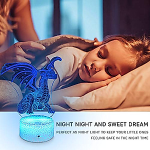 Fanmin Dragon 3D Optical Illusion Kids Lamp 3D Night Light Bedside Lamp 16 Colors with Remote Dragon Toys as a Perfect Birthday for Boys and Girls