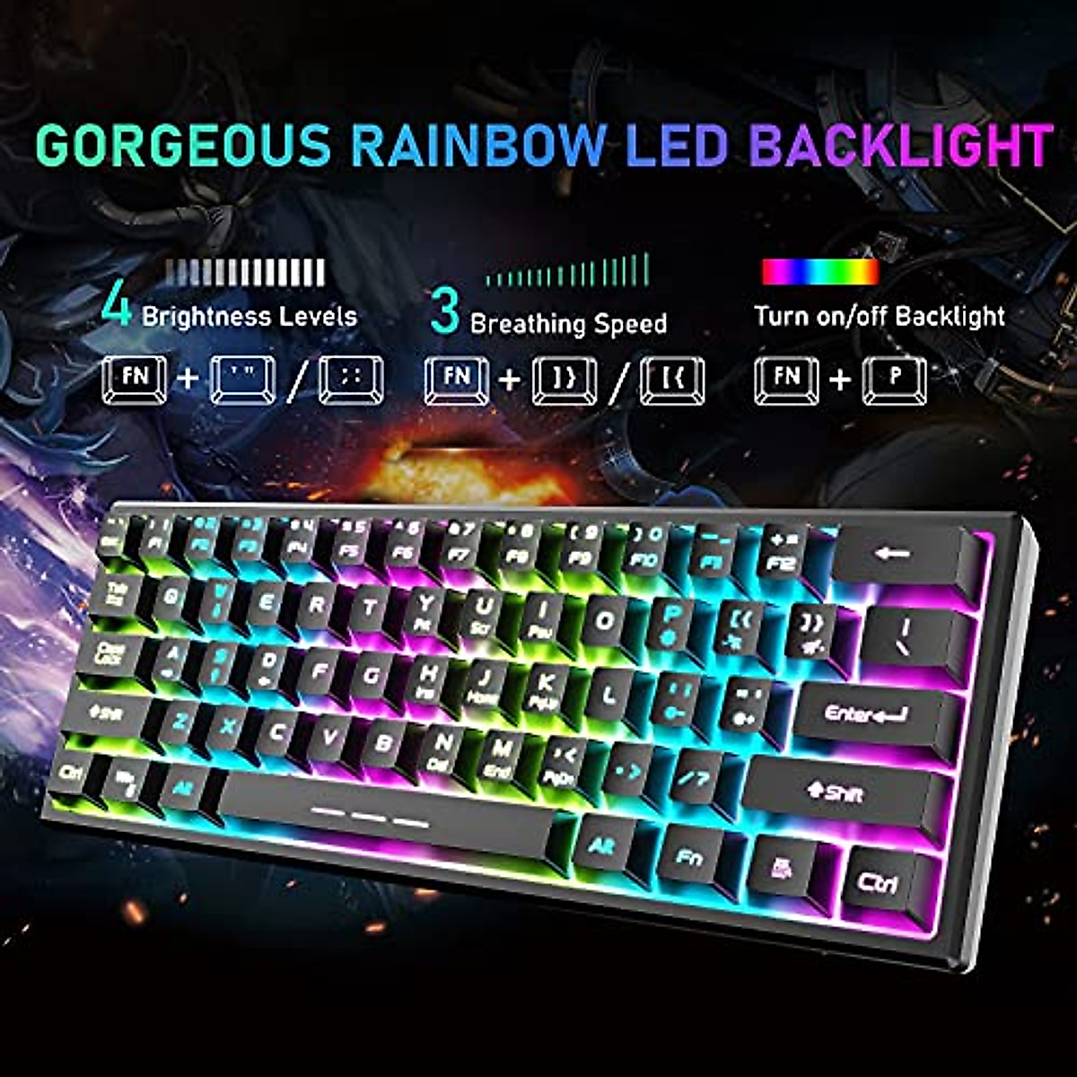 ZIYOU LANG T61 Wireless Gaming Keyboard and Mouse Combo with Ergonomic 61 Key Rainbow LED Backlight Anti-ghosting Mechanical Feel Rechargeable 4000mAh Battery Mouse Pad for PC MAC Gamer Typists(Black)