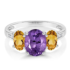 Gem Stone King 10K White Gold Purple Amethyst Yellow Citrine and White Diamond Oval 3-Stone Engagement Ring For Women (1.80 Cttw, Gemstone February Birthstone, Available In Size 5, 6, 7, 8, 9)
