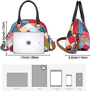 Downupdown Genuine Leather Handbags Women Top Handle Handbags Multicolor Square Splice Satchel Bag Tote Purse with Long Strap