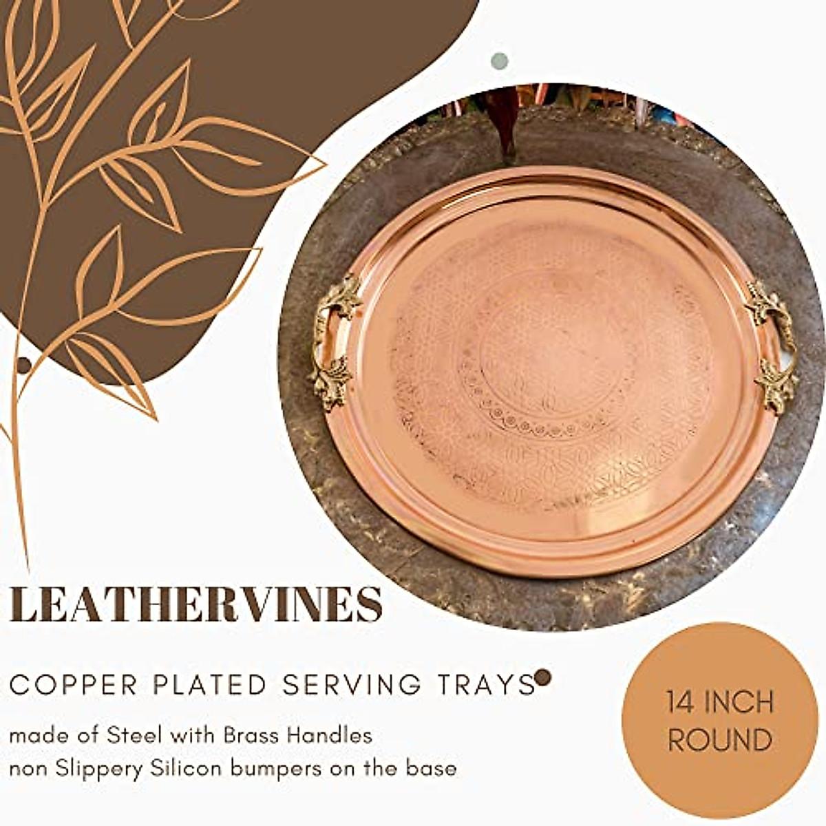 Traditional Design Handmade Hammered Copper Serving Tray with Brass Handle Large Platters- Decorative Centerpiece Kitchen Multi-Purpose Coffee Table Dinner Breakfast Food Farmhouse- 35.5cm 13.9"