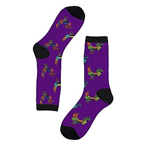 AOYEGO Roosters Funny Socks Colored Cock Poultry Retro Elegance Bantam Purple Novelty Casual Crew Socks Contrast Color Design for Women Men Gift