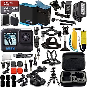 SSE GoPro HERO10 (Hero 10) Black with Premium Accessory Bundle: SanDisk Ultra 64GB microSD Memory Card, Replacement Battery, Underwater LED Light with Bracket, Water Resistant Protective Case & More