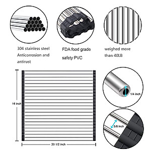 Rcdegk Roll Up Dish Drying Rack Over The Sink Kitchen Counter, The Multipurpose Sink Dish Drainer Mat for Fruits and Vegetable Rinser,Durable Silicone Covered Stainless Steel Rod,Large - 20.5" x 16"