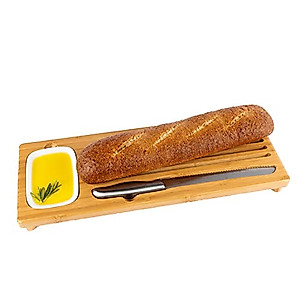 Bamboo Land- Bamboo Sweep Off Baguette Board with Bread Crumb Catcher and Ceramic Dipping Dish, 18” x 7”, Bread Cutting Board with Crumb Catcher, Board for Cutting Bread, Bread Cutter Knife