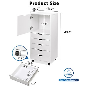 DEVAISE 5-Drawer Wood Dresser with Top Cabinet Storage, Mobile Chest of Drawers, Wide Storage Space for Home Office, White