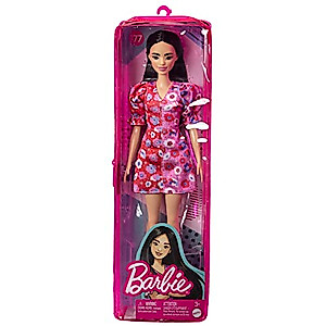 Barbie Fashionistas Doll, with Long Black Hair & Color Block Floral Dress with Puffed Sleeves, Strappy Purple Heels, Butterfly Ring, Toy for Kids 3 to 8 Years Old