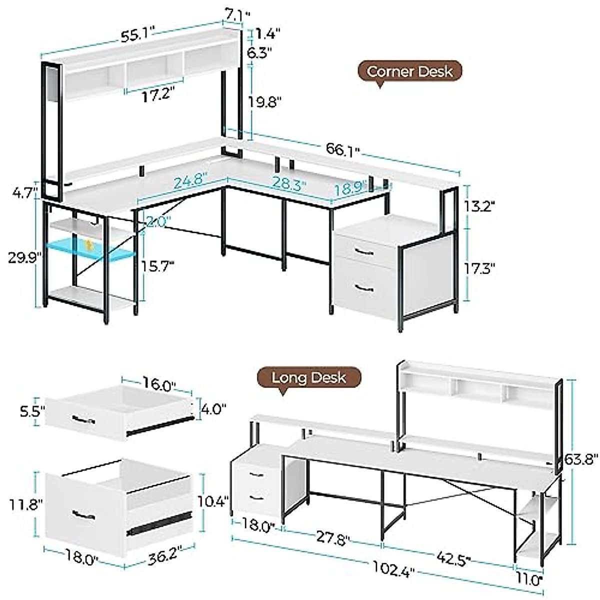 Rolanstar Computer Desk with File Drawer & Led Lights, 102.4" L Shaped Desk with Power Outlets, Gaming Desk with Monitor Stand, Hutch & Storage Shelf, Home Office Desk White
