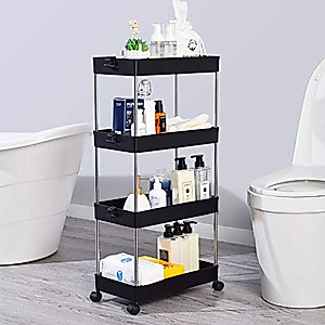 AHXML 4-Tier Storage Cart Rolling Utility Cart Storage Shelf Rack Mobile Storage Organizer Shelving for Office, Kitchen, Bedroom, Bathroom, Laundry Room & Dressers, Plastic & Stainless Steel, Black