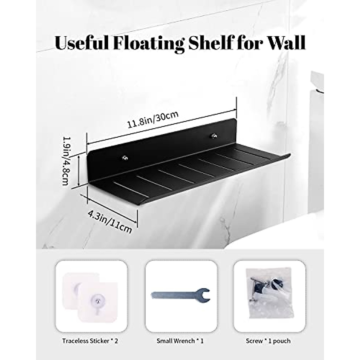 Amythe Floating Wall Shelf, Floating Shelves Wall Mounted for Bathroom/Kitchen/Laundry Room/Over-The-Toilet Storage, No Drilling Rustproof Space Aluminum Bathroom Shelf, Black, 11.8 inches