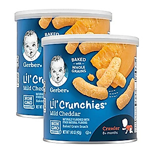 Gerber Lil Crunchies Baked Grain Snack, Mild Cheddar, Baked with Whole Grains & Non GMO Ingredients, For Crawlers 8 Months & Up, 1.48-Ounce Canister (Pack of 2)