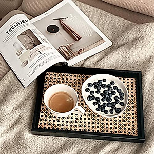 YANWE Serving Tray, Wood Serving Tray, Rattan Tray, Coffee Table Tray, Decorative Tray, Candle Tray, Wooden Tray for Living Room, Bedroom, Bathroom, Kitchen, Modern Farmhouse Decor, 14"x 10" (Black)