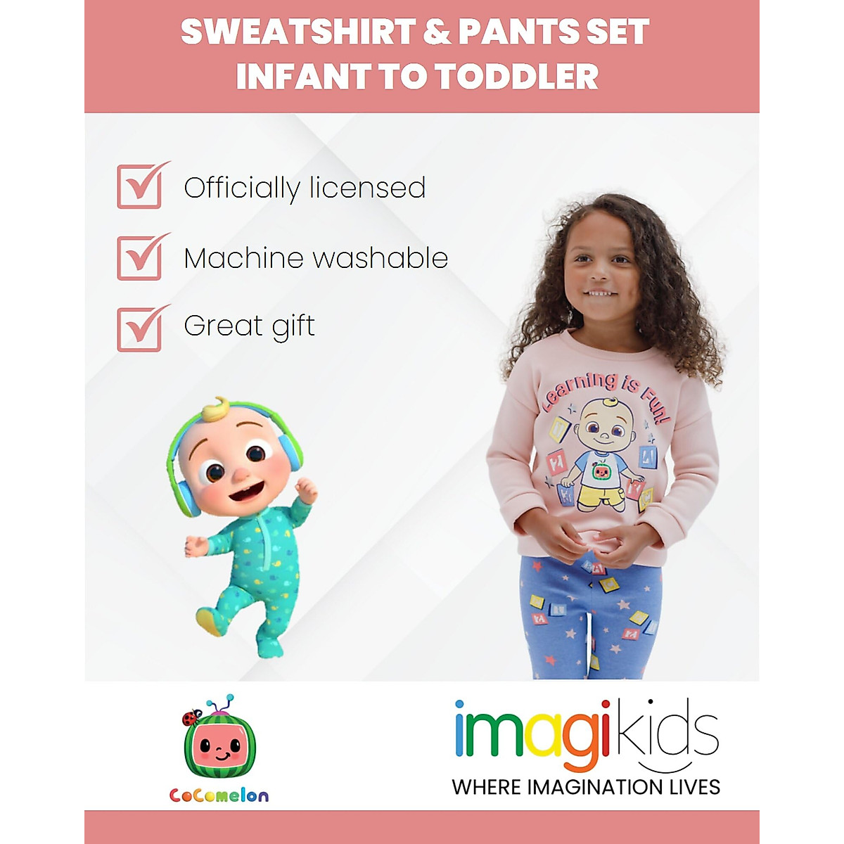 CoComelon JJ Toddler Girls Pullover Fleece Sweatshirt and Pants Set Blue/Pink 3T