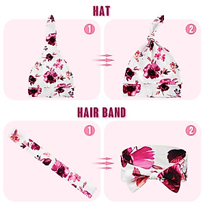 Toulite 5 Pcs Newborn Swaddle Set Girl Floral with Matching Muslin Baby Swaddle Blanket, Hat Hairband and Headband Bow, Wooden Birth Announcement Card for Boys Girls Infants Shower Gift