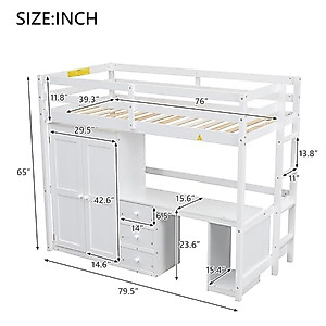 BOVZA Wood Twin Size Loft Bed Frame with Desk and Wardrobe, Built-in Desk with 3 Drawers and Open Cabinet, Twin Loft Bed with Desk and Storage for Kids Teens Adults, White
