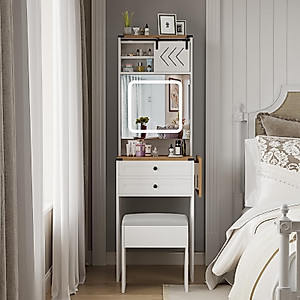 ARTETHYS Farmhouse Small Vanity Desk Set with Mirror Cabinet Compact Makeup Vanity Table with 3 Adjustable Lighted Mirror and Storage Chair for Small Space, White Dressing Table with Fold-up Panel