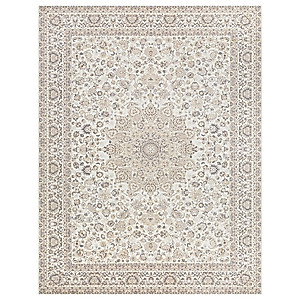 Area Rug Living Room Rugs: 8x10 Large Machine Washable Non Slip Thin Carpet Soft Indoor Luxury Floral Stain Resistant Carpets for Under Dining Table Farmhouse Bedroom Nursery Home Office Beige