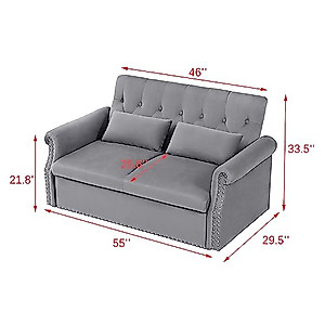 Runboll 55" Loveseat Pull Out Sleeper Sofa Bed Shiny Velvet Adjustable Backrest 2 Seater Couch Bed with 2 Caster Wheels, Lumbar Pillows, Removable Armrest (Grey)