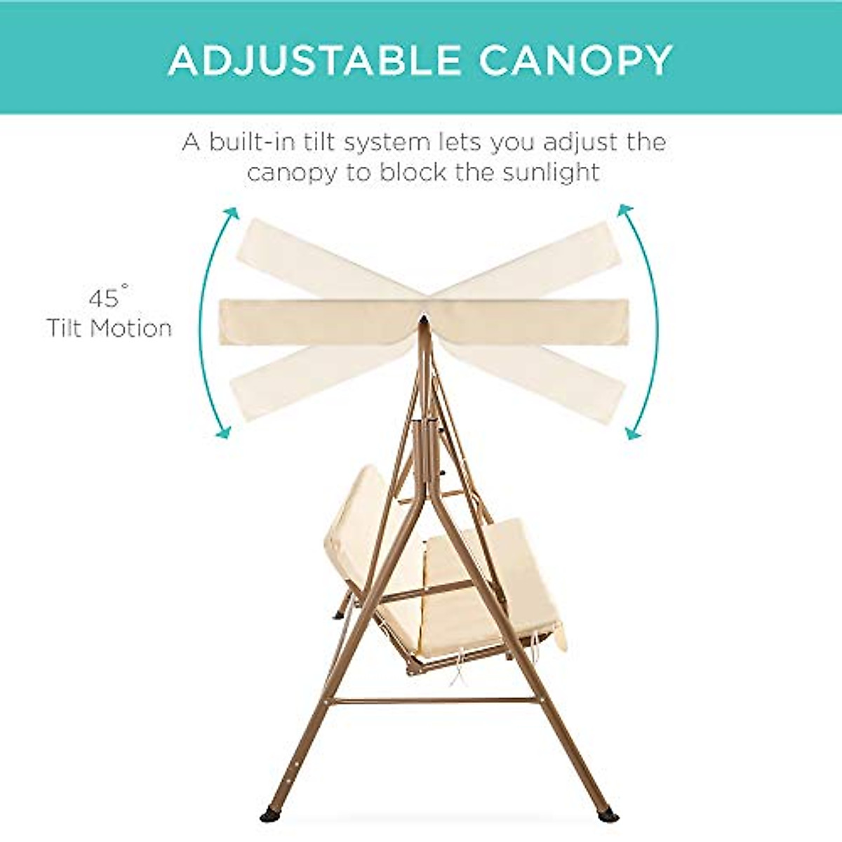 Best Choice Products 2-Person Outdoor Patio Swing Chair, Hanging Glider Porch Bench for Garden, Poolside, Backyard w/Convertible Canopy, Adjustable Shade, Removable Cushions - Beige