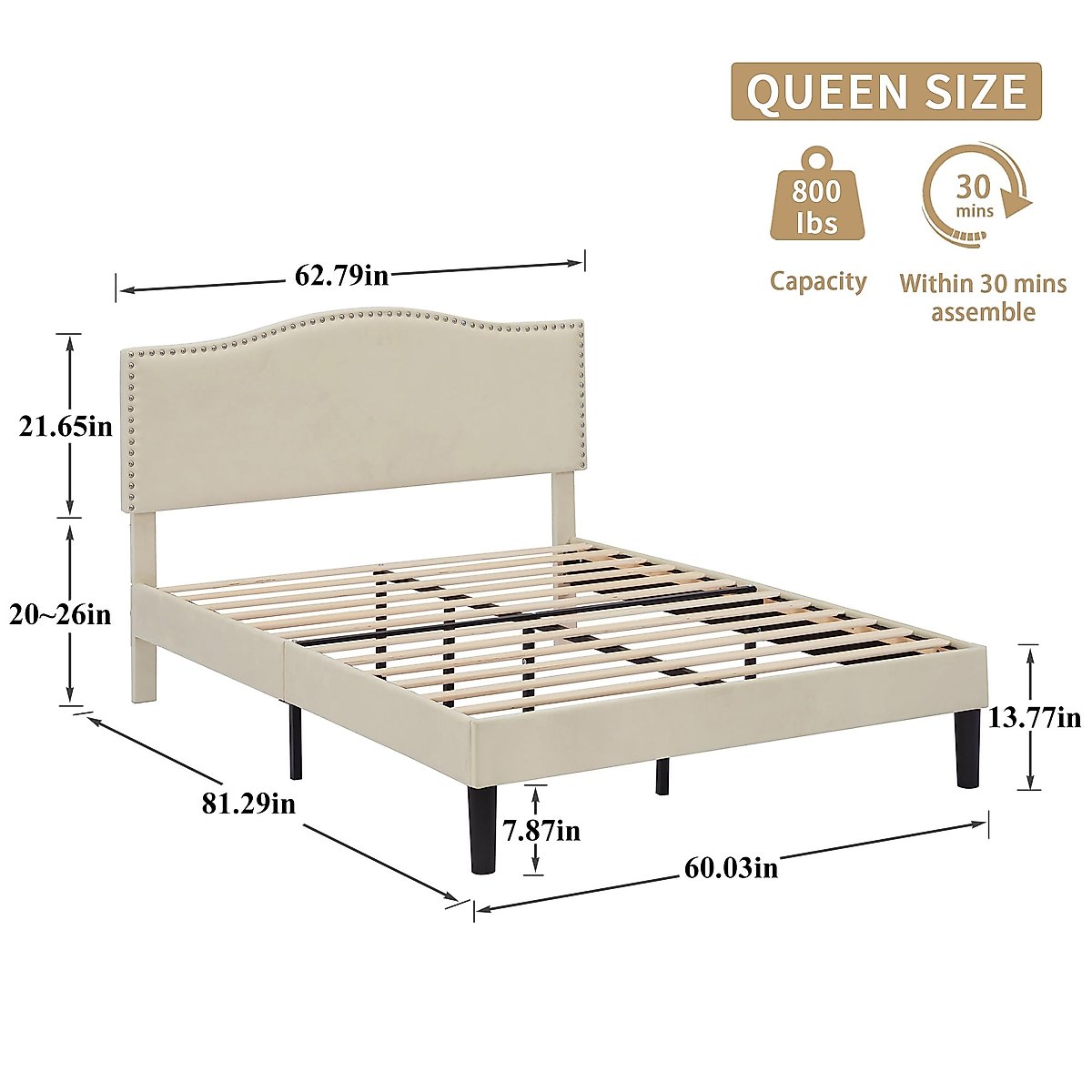 VECELO Queen Bed Frame Platform Bed Frame with Upholstered Headboard, Strong Frame and Heavy-Duty Slats Support, Non-Slip and Noise-Free, Easy Assembly,Beige