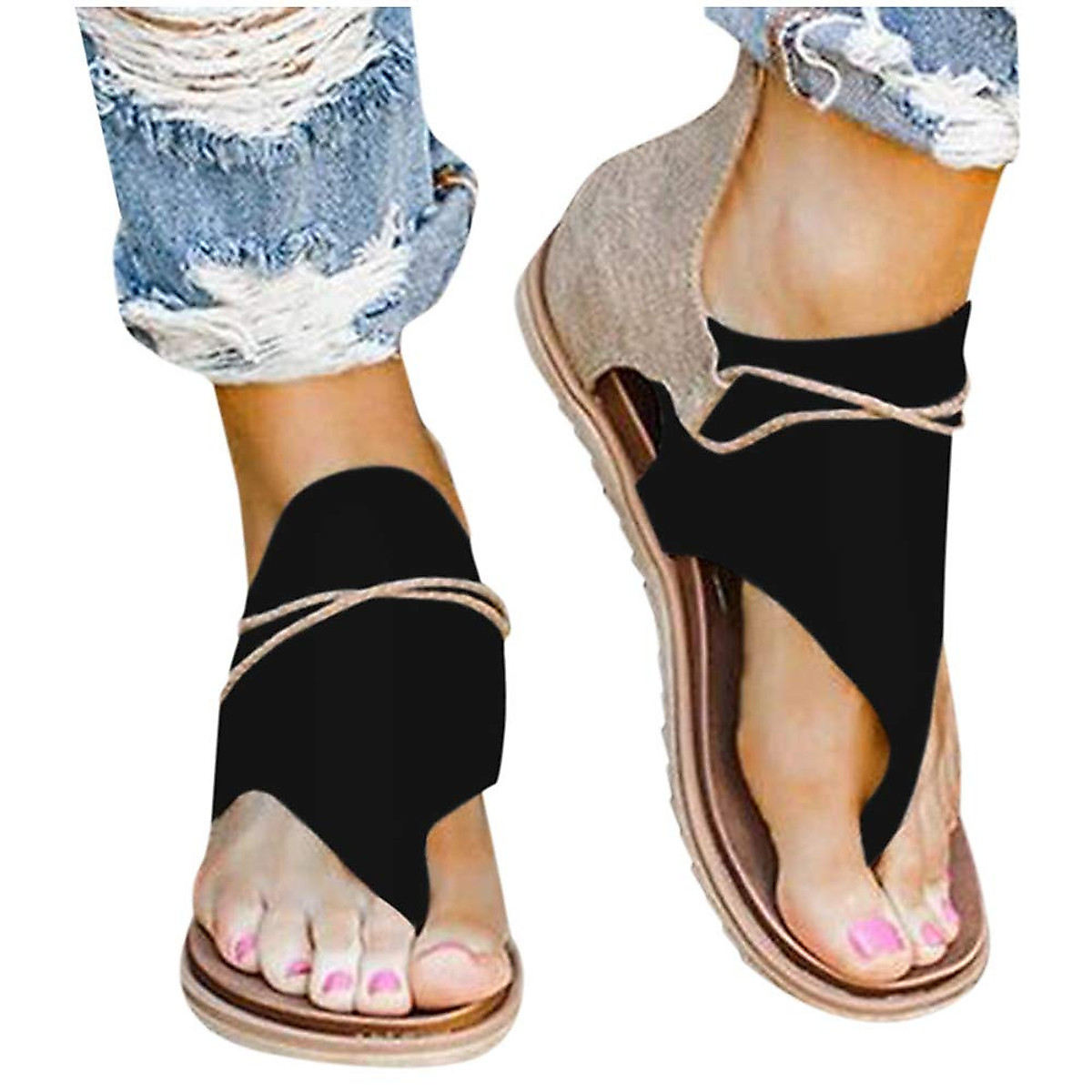 FABIURT Sandals for Women Roman Sandals Slip-On Ankle Strap Flip Flop Open Toe Casual Summer Beach Gladiator Flat Sandal