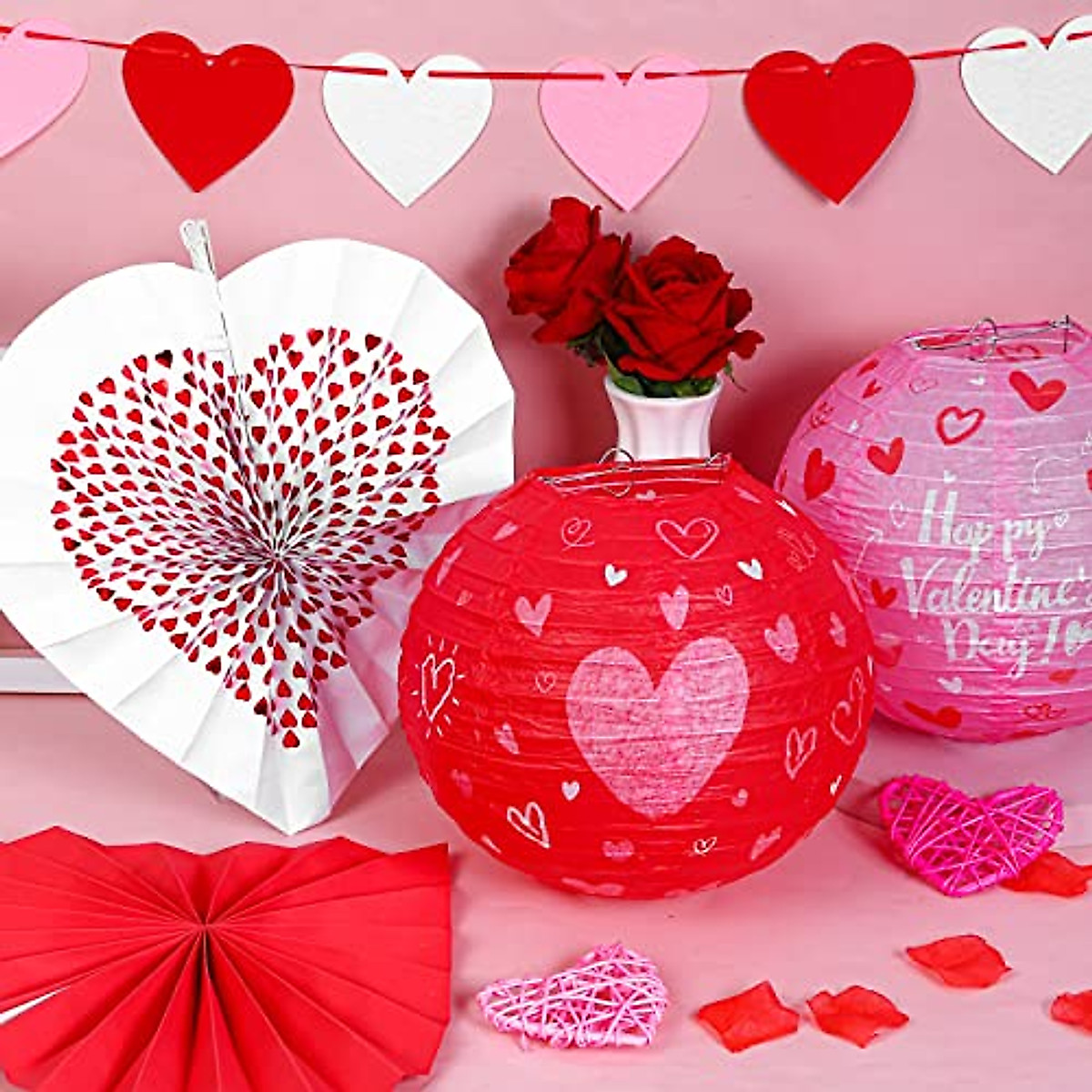 ANVAVO 6 Pieces Valentines Day Paper Lanterns 6 Pieces Red Heart Party Hanging Paper Fans 2 Strings Hearts Shaped Felt Garland Banner with Fishing Line, Valentines Day Decor Party Decoration Supplies