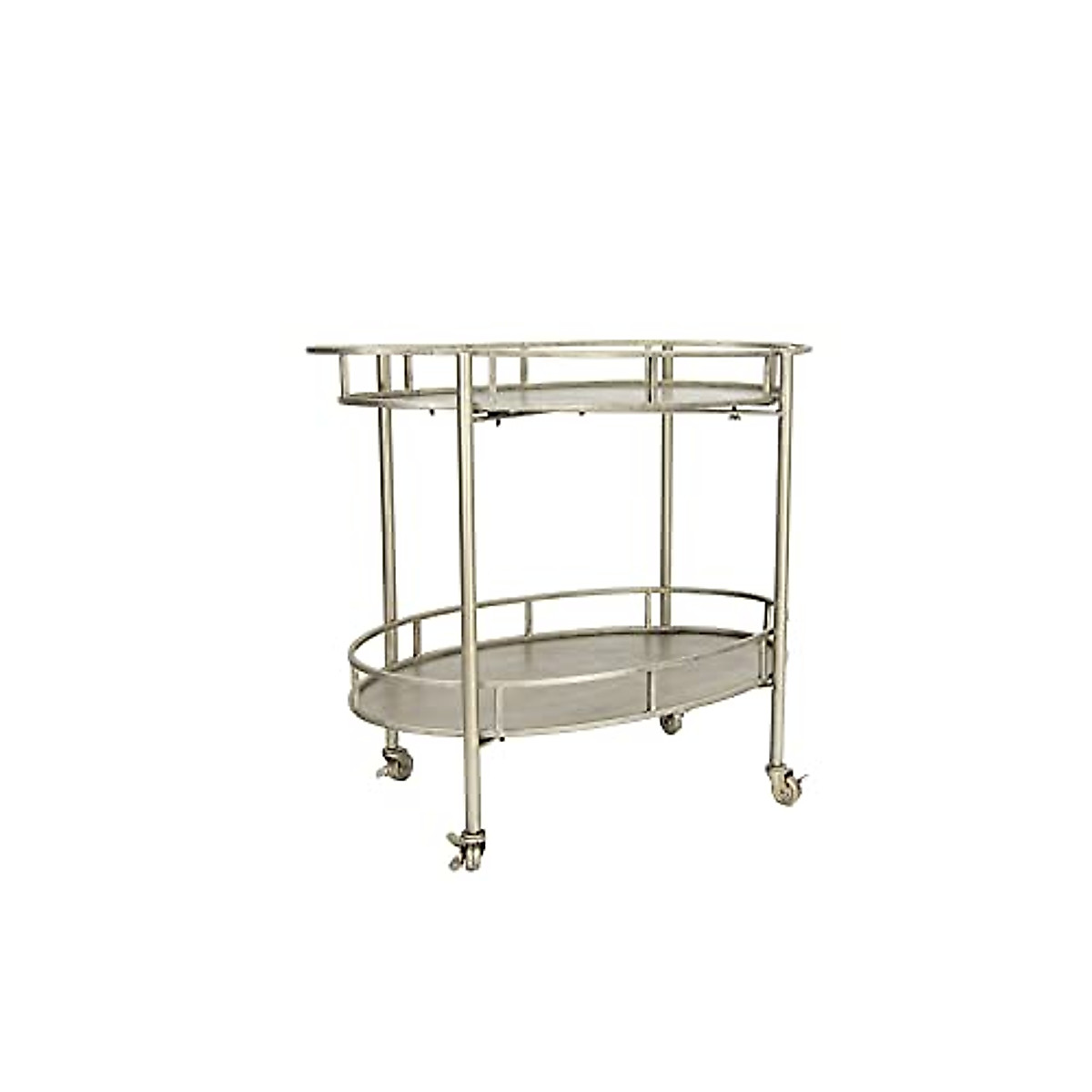 Creative Co-Op Art Deco Oval 2-Tier Bar Cart with Wheels, Antique Silver Finish