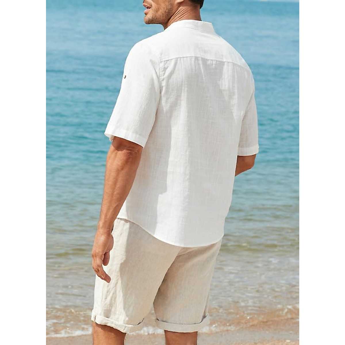 JMIERR Mens Casual Cotton Linen Texture Henley Shirt Short Sleeve Button Down Shirt Summer Beach Tropical Cruise Shirts US 43(L) White