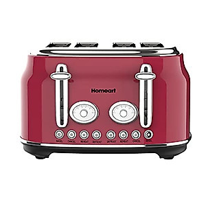 Homeart Chelsea 4-Slice Retro Toaster - Stainless Steel With Removable Crumb Tray, Adjustable Browning Control With Multiple Settings to Cancel, Defrost, Reheat and Bagel - 1500W, Red