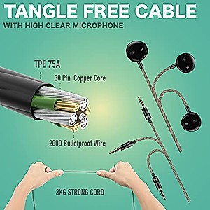 Wired Earbuds with Mic Tangle Free Cord 3.5mm Jack Metal Headphones with Volume Control Extra Bass Noise Cancelling Earphones for Gaming Music Video Apple iPhone iPad Laptop Computer PC Black