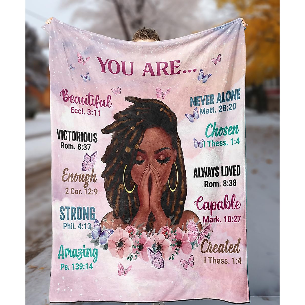 TRENDYNEST African American Girl Throw Blanket,Inspirational Quotes Positive Thoughts Soft Fleece Blankets for Bedroom Floral Butterfly Blanket Gift 50x60 Inch