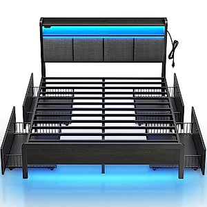 Rolanstar Bed Frame Full Size with Charging Station and LED Lights, Upholstered Storage Headboard with Drawers, Heavy Duty Metal Slats, No Box Spring Needed, Noise Free, Easy Assembly, Dark Grey