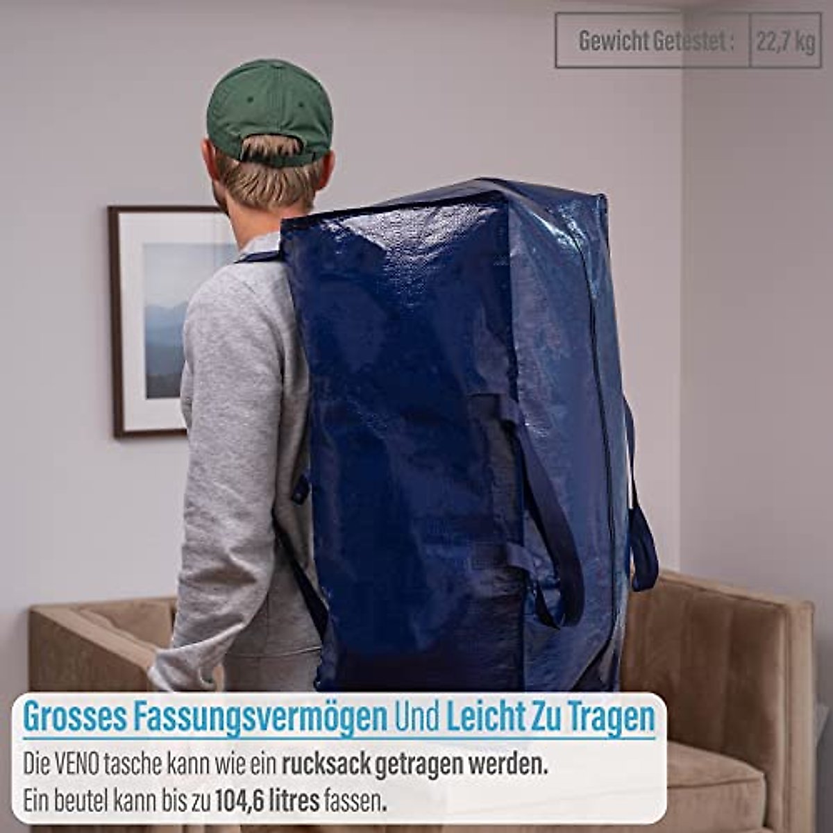 VENO Heavy Duty Extra Large Moving Bags W/ Backpack Straps Strong Handles & Zippers, Storage Totes For Space Saving, Fold Flat, Alternative to Moving Box, Made of Recycled Material (Blue - Set of 10)
