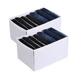 Grids Wardrobe Clothes Organizer Jeans Leggings Compartment Storage Box Closet Transparent Foldable Closet Drawer Organizer For Bedroom Set Of 2 (7 Jean gird, White)
