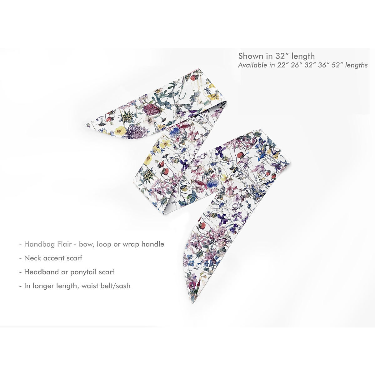 Liberty London Purse, Head, or Neck Scarf - "Wild flowers White" Skinny Scarf - Headband, Handbag, Purse Handle - Silky Tana Lawn Cotton