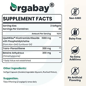 Orgabay Liposomal Nicotinamide Riboside 2000 MG with TMG and Pterostilbene, Boosting NAD+, Support Healthy Aging, 60 Count