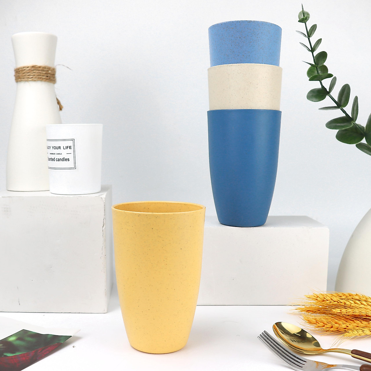 PYRMONT Plastic Cups 6 Pack Wheat Straw Cups 20oz Unbreakable Kid Cups Tumbler Cups for Kitchen Durable Drinking Cups Reusable Small Water Cups Dishwasher & Microwave Safe, BPA Free, PT01