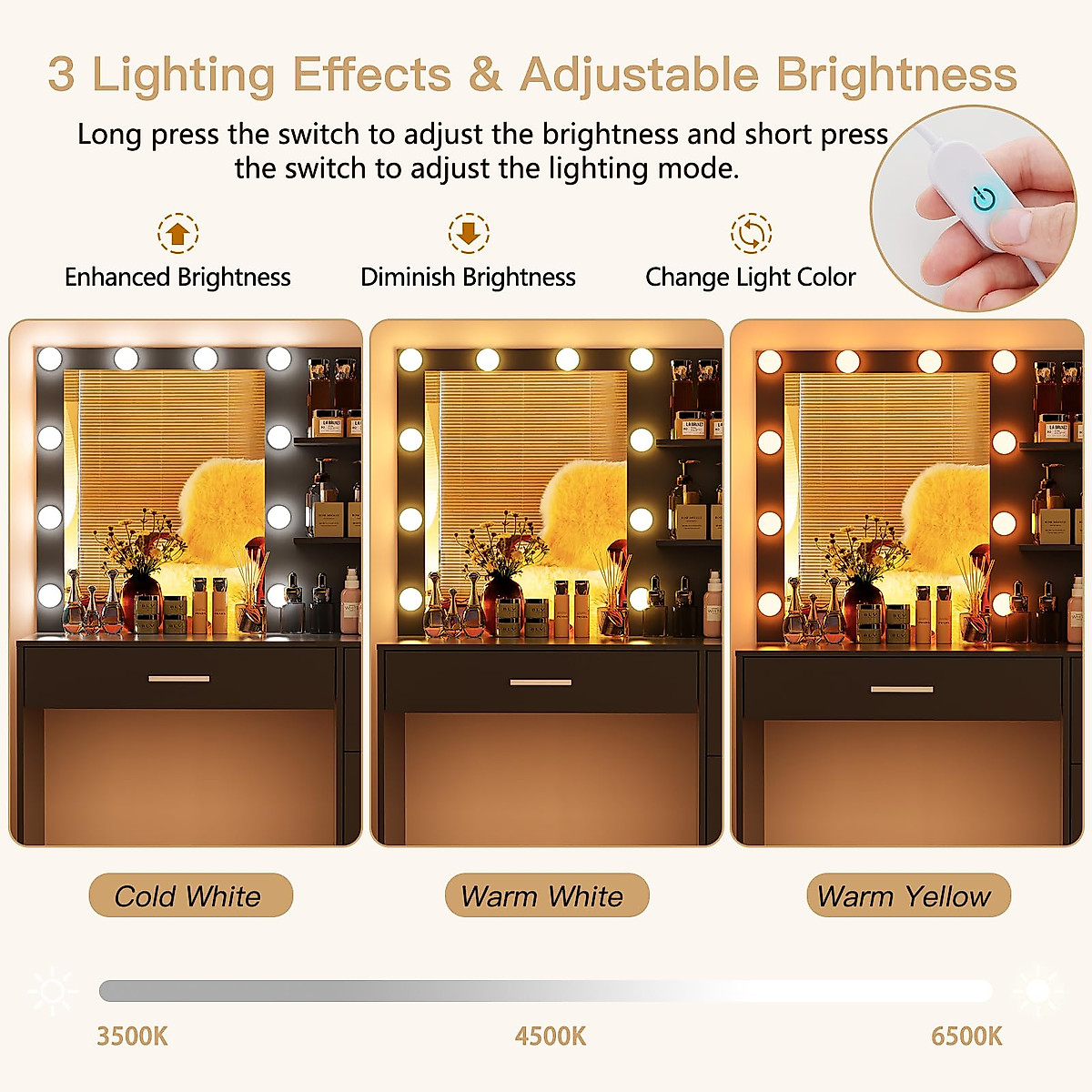 usikey Makeup Vanity with Lights, Vanity Desk with Mirror and 10 LED Lights, Vanity Table Set with 4 Drawers, Cabinet & 4 Necklace Hooks, Dressing Table for Bedroom, Black