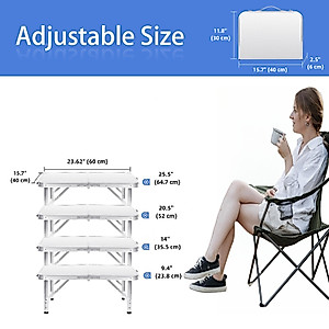 Moosinily Small Folding Table 2FT Foldable Camping Table Portable Picnic Table Metal 4 Height Adjustable Outdoor for Beach BBQ White 23.6×15.7 inch