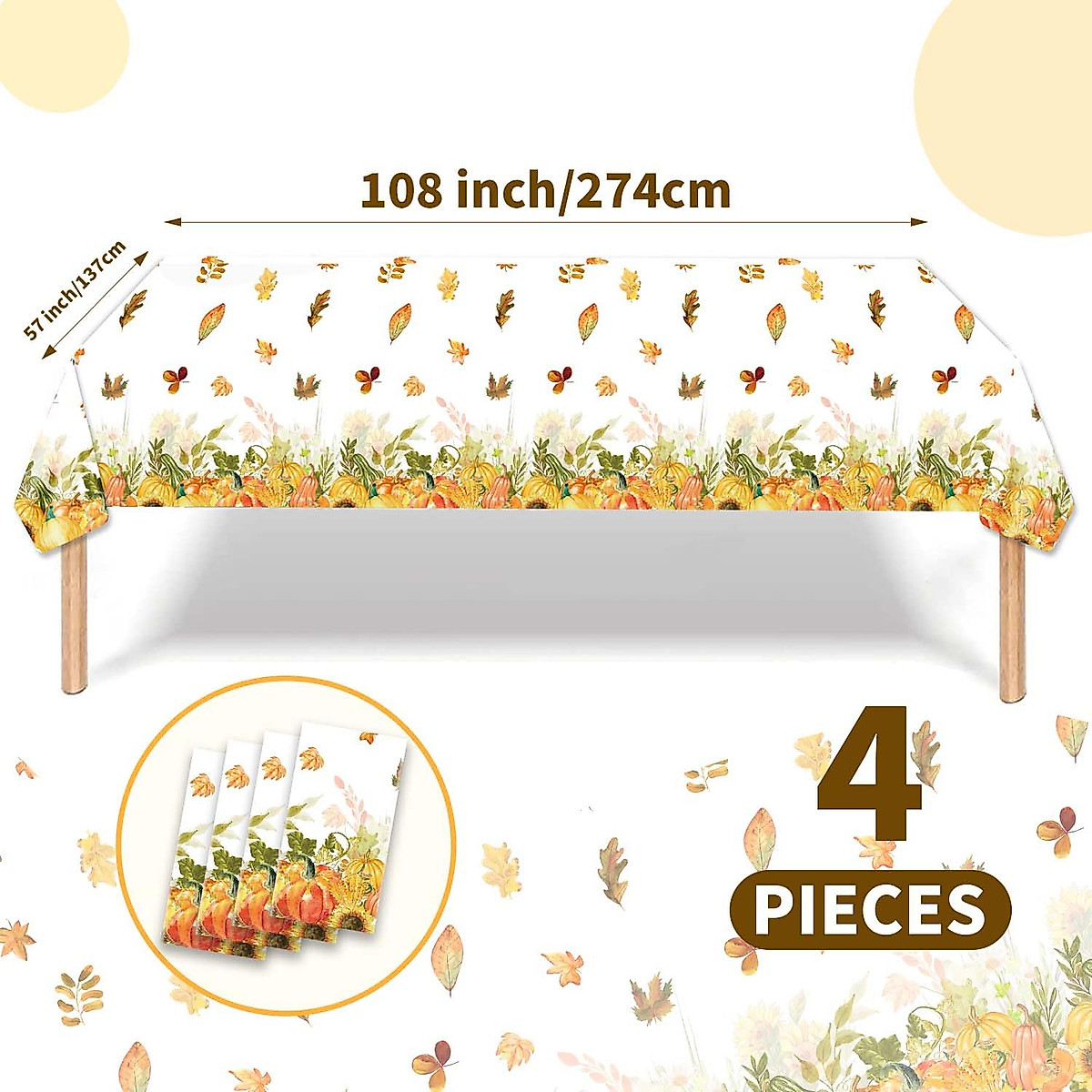 PARSUP 4PCS Thanksgiving Disposable Tablecloth Party Supplies, 108 × 54 inch, Autumn Theme Pumpkin Maple Leaves Fall Tablecloth Plastic Waterproof Tablecover Decorations