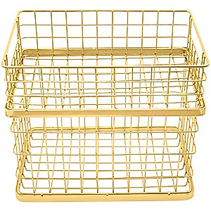 Set of 2 Stackable 10" Metal Wire Storage Basket Bins With Handles (Gold Wide Mesh Base)